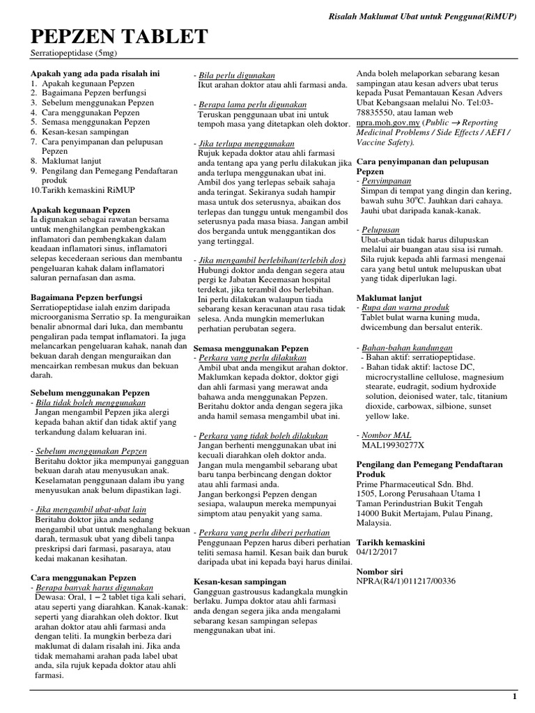 Pepzen Tablet Serratiopeptidase Prime Pharmaceutical SDN BHD 4 DEC 2017 ...