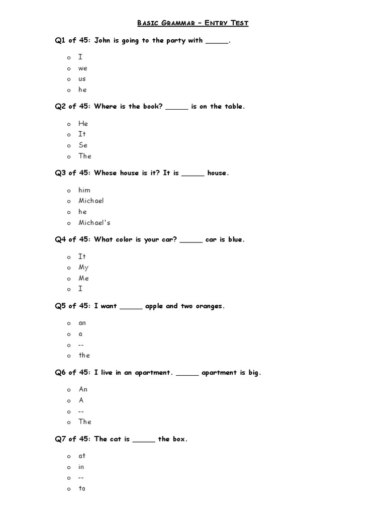 Beginner's English Grammar Quiz | PDF | Self-Improvement