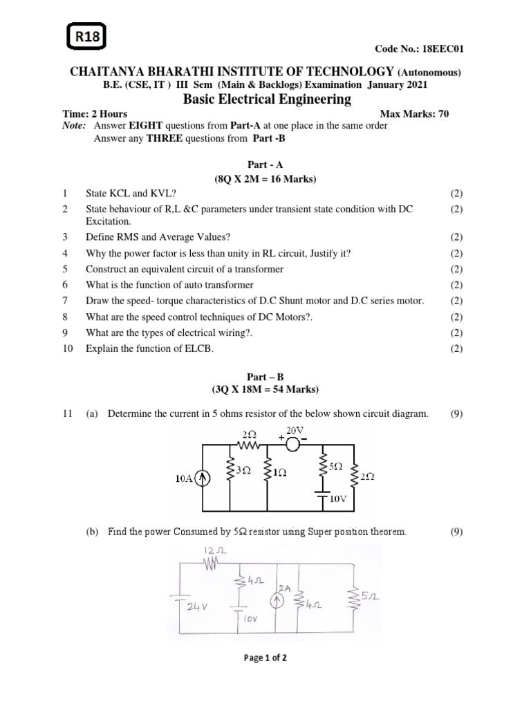 QP - Basic Electrical Engineering 18EEC01 - JAN 2021 Main and Backlog ...