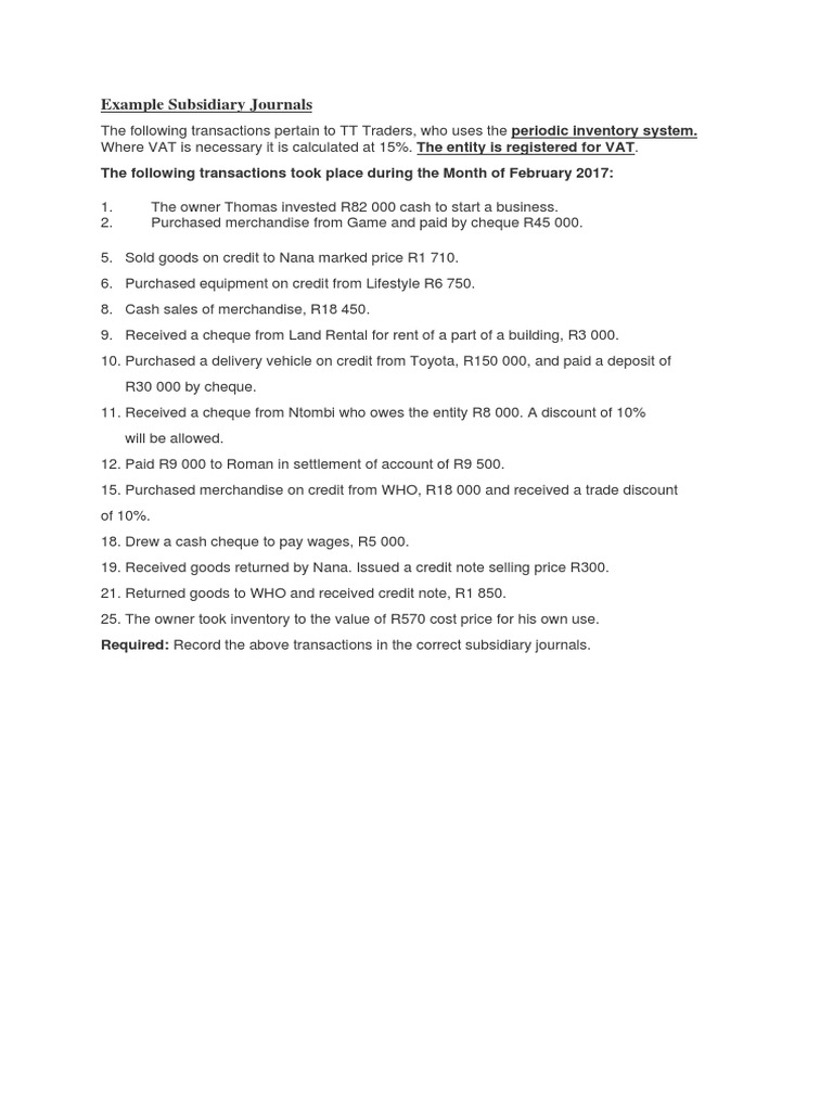 Example Subsidiary Journals FAC | PDF | Discounting | Value Added Tax