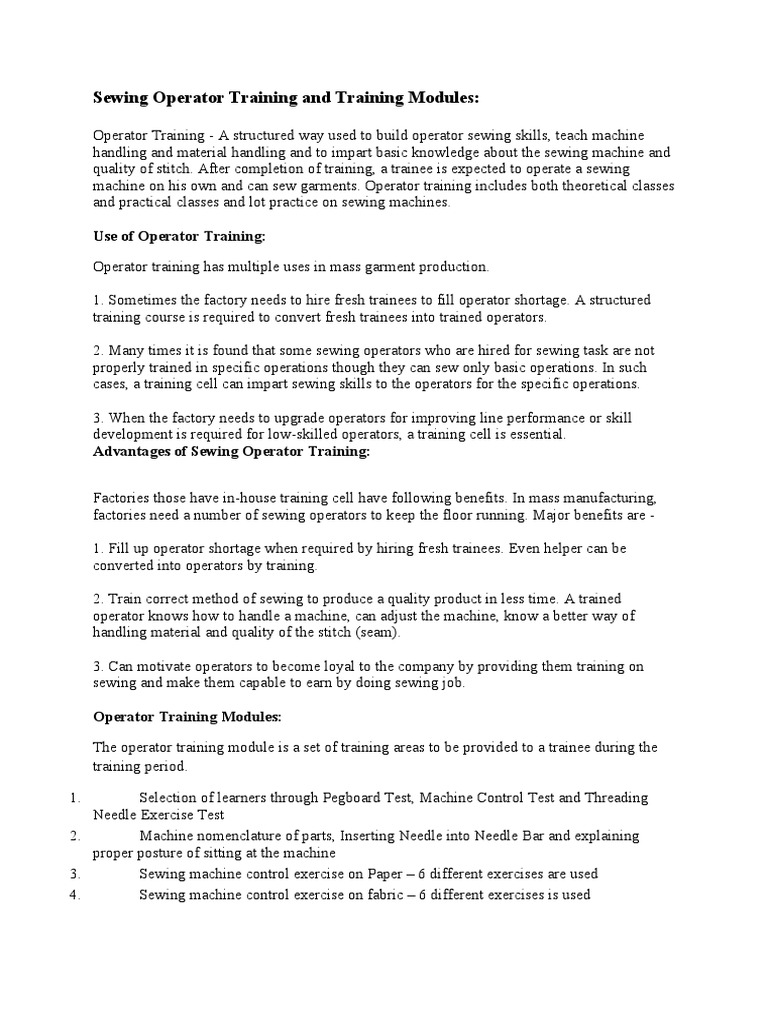 Sewing Operator Training and Training Modules | PDF | Sewing | Sewing ...