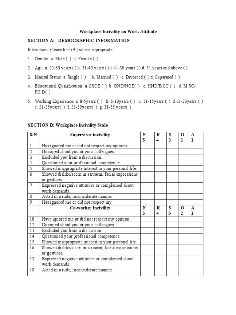 Questionnaire Workplace Incivility On Work Attitude | PDF | Applied ...