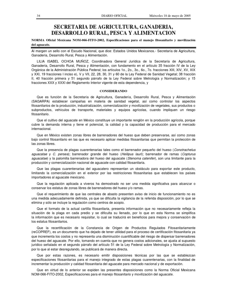 NOM 066 FITO 2002.18may05 | PDF | Aguacate | Plaga (organismo)