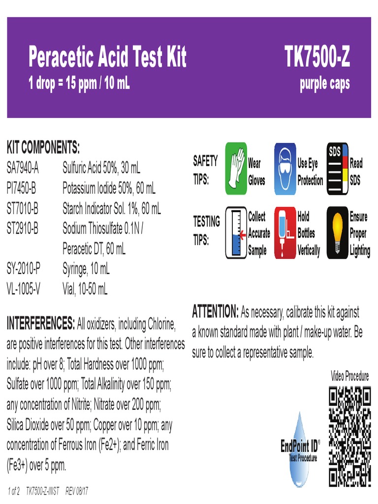 Peracetic Acid Test Kit TK7500-Z | Download Free PDF | Sodium Dodecyl ...