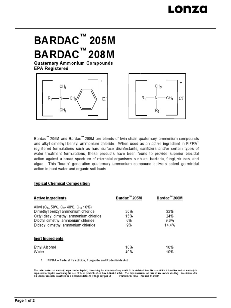 Lonza ProductDataSheets Bardac 208M PDS 28515 | PDF | Disinfectant ...