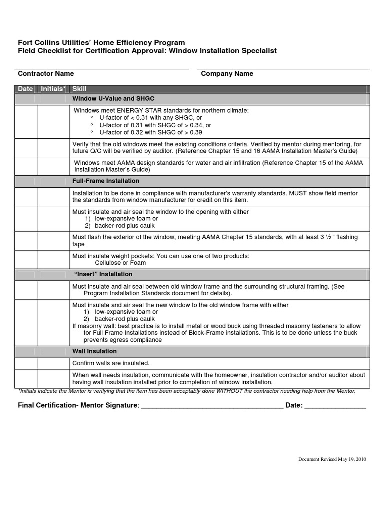 Window Installation Field Checklist | PDF | Building Insulation | Window
