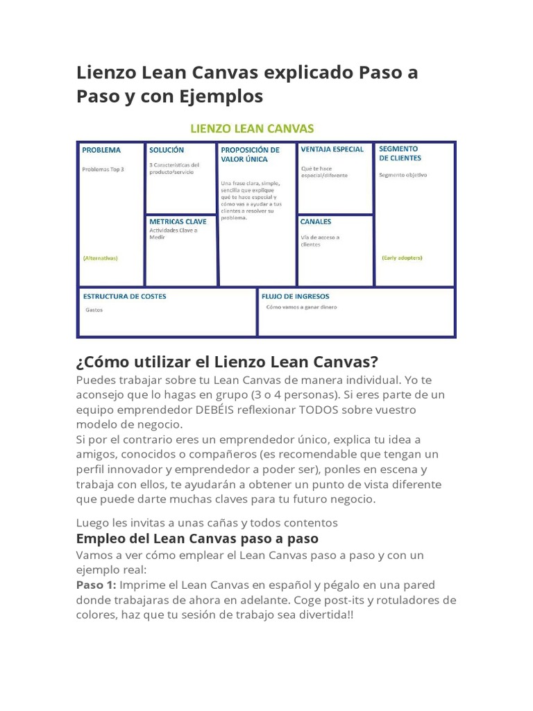 Lienzo Lean Canvas Explicado Paso A Paso y Con Ejemplos | PDF | Dieta ...