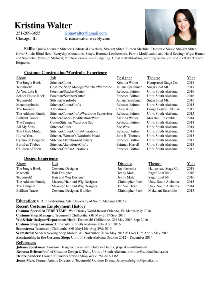 Kristina Walter Costume Resume | PDF | Softlines (Retail) | Consumer Goods