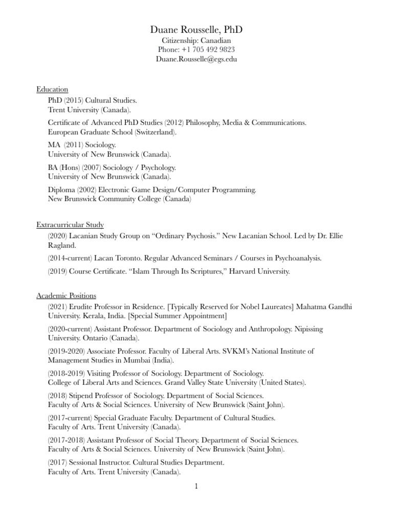 Duane Rousselle CV | PDF | Jacques Lacan | Science