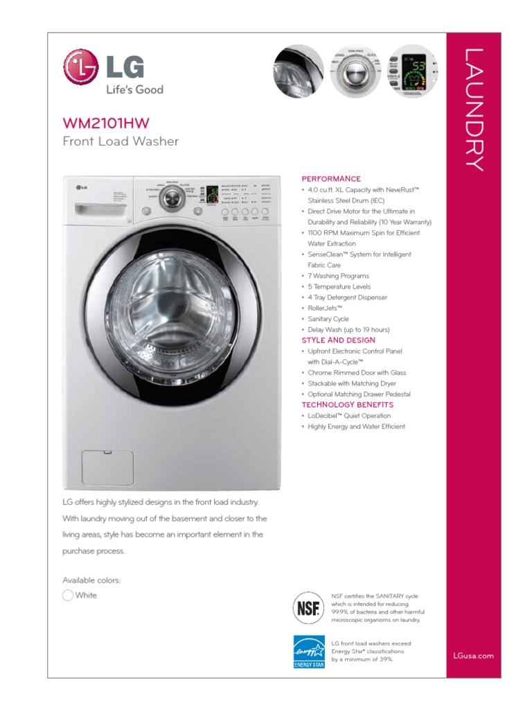 LG Spec Sheet Wm2101h | Download Free PDF | Washing Machine ...