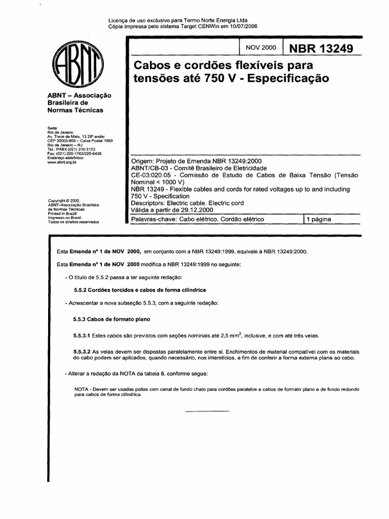 NBR 13249 Cabos e Cordões Flexível para Tensões Até 750V | PDF