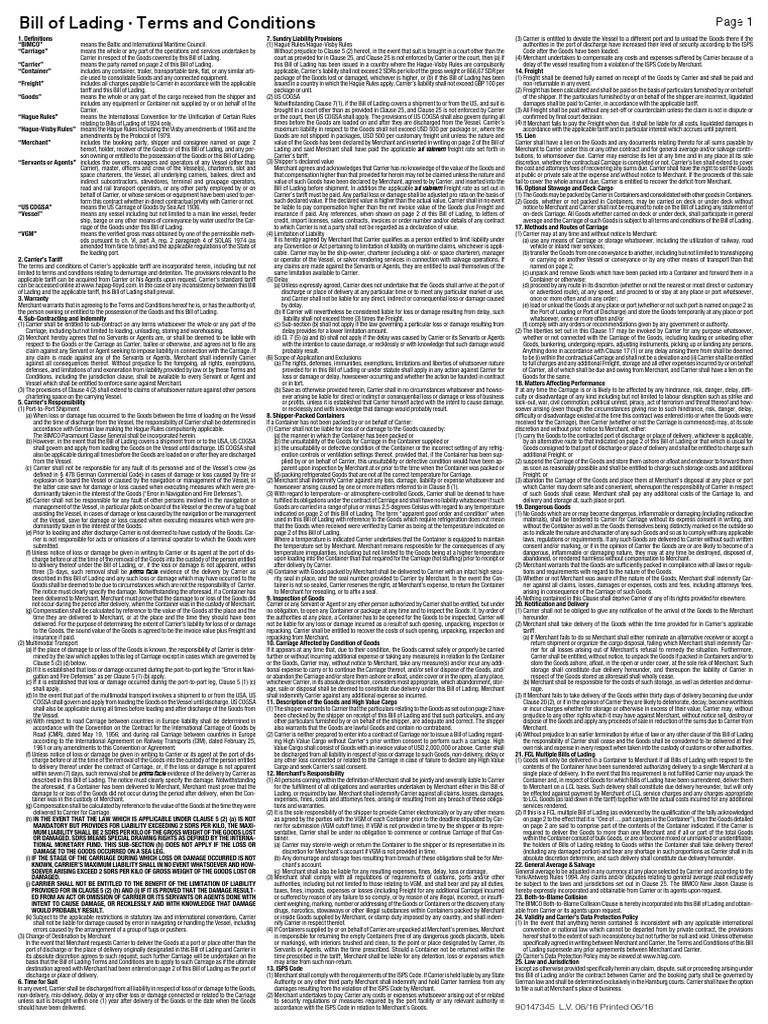 Bill of Lading: Terms & Conditions | PDF | Bill Of Lading | Cargo