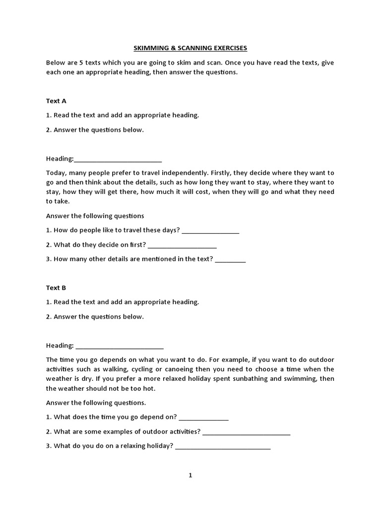 Skimming and Scanning Practice Exercises | PDF