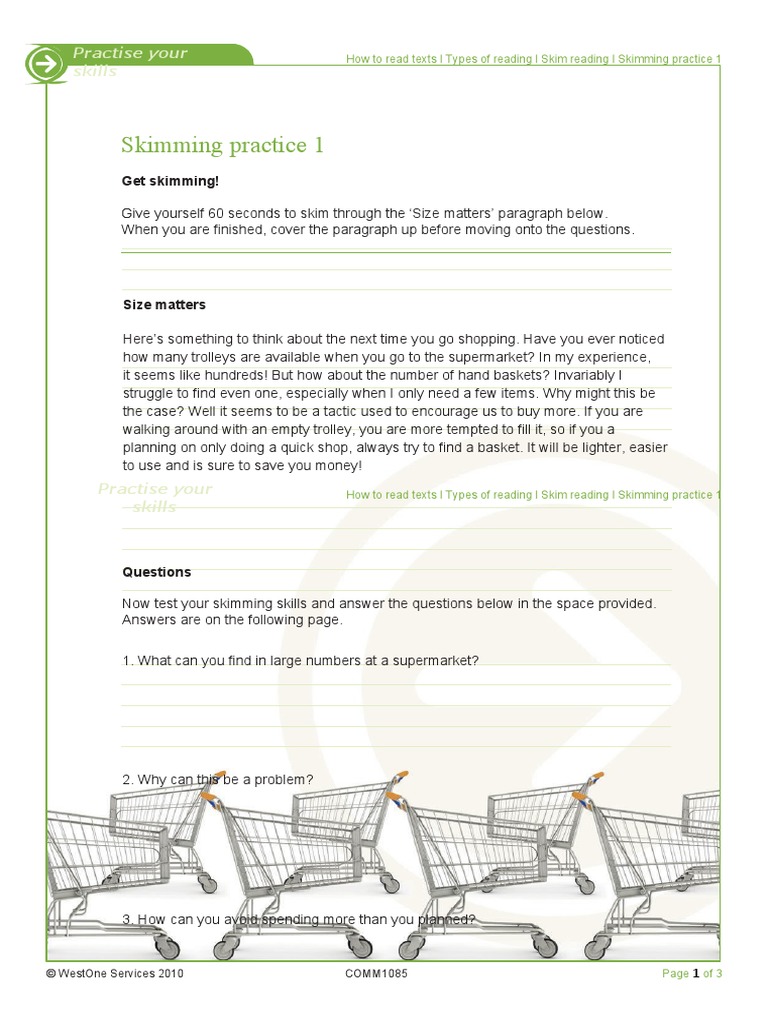 Skimming Practice 1: Practise Your Skills | PDF | Speed Reading ...