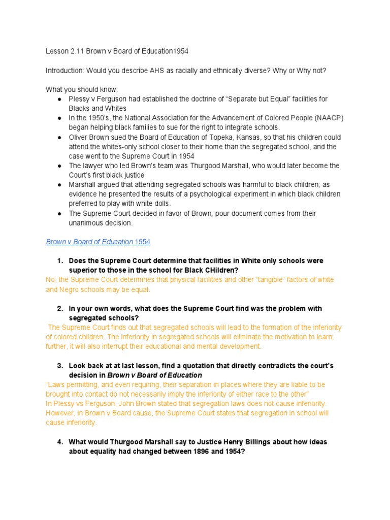 Brown v. Board of Education Overview | PDF | Brown V. Board Of ...