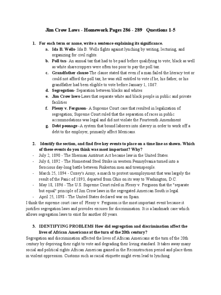 Jim Crow Laws - Homework Pages 286 - 289 Questions 1-5 | Download Free ...
