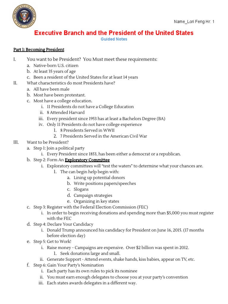 Executive Branch Guided Notes | PDF | Vice President Of The United ...