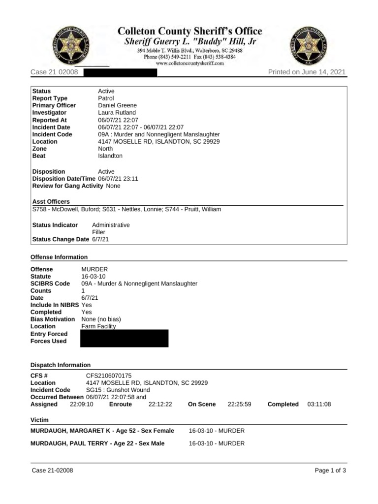 Murdaugh Supplemental Crime Scene Reports - Colleton County Sheriff's ...