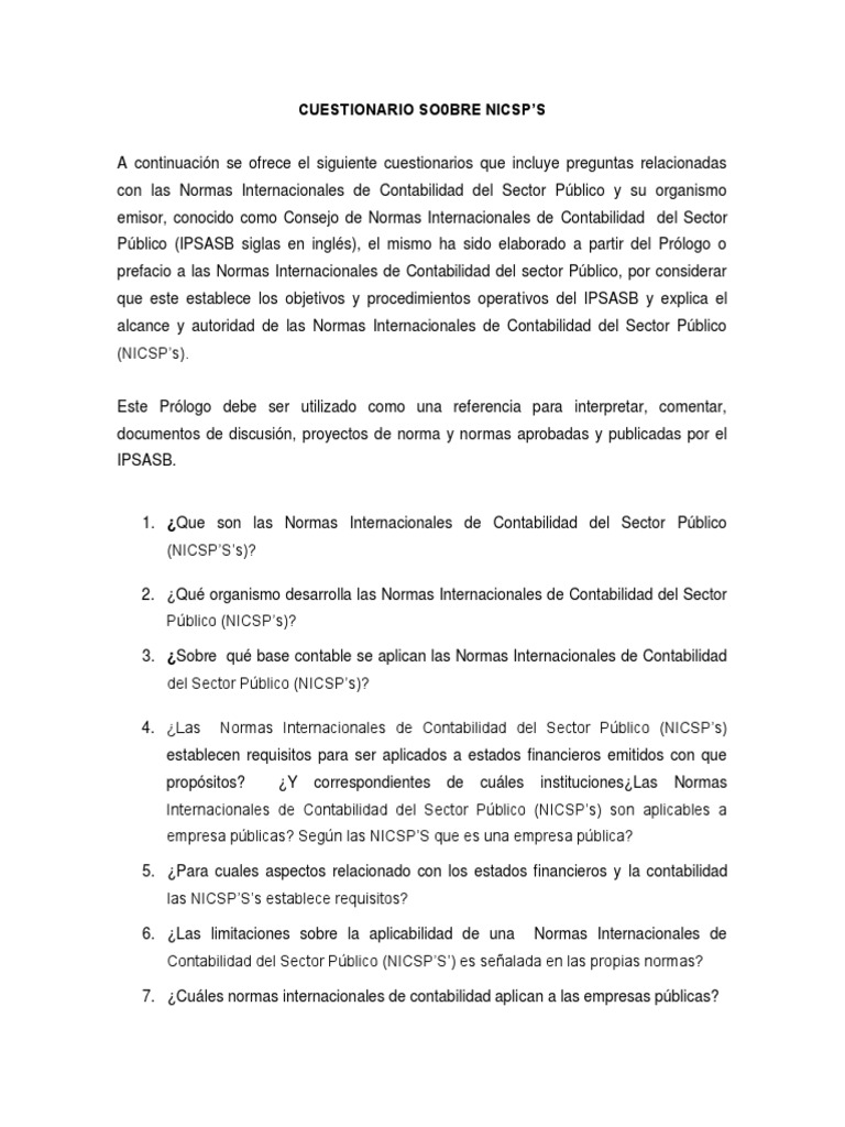 Cuestionario So0bre Nicsp 1 | PDF | Estado financiero | Contabilidad