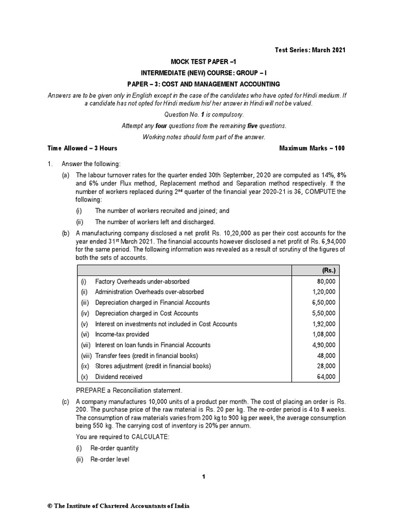 Costing (New) MTP Question Paper Mar2021 | PDF | Cost | Business