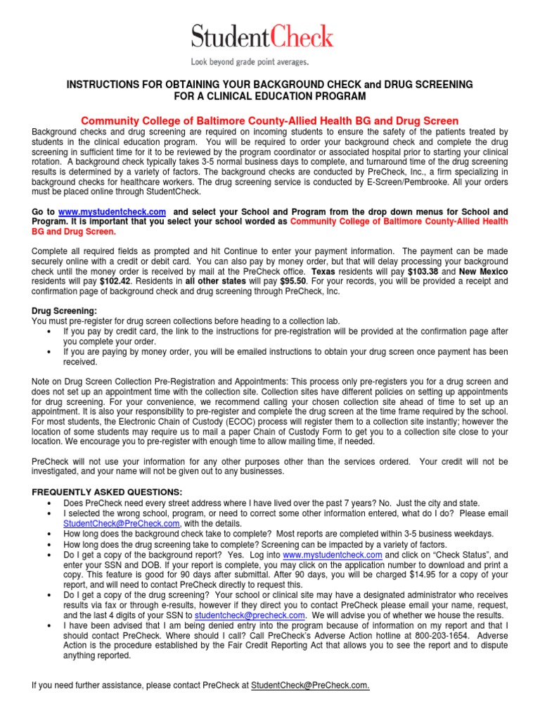 PRECHECK Student Instructions | PDF | Background Check | Drug Test