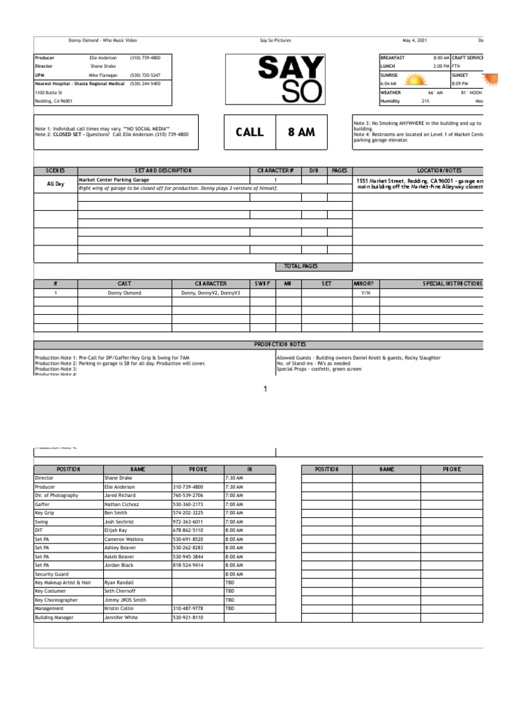 Who - Music Video Call Sheet | PDF