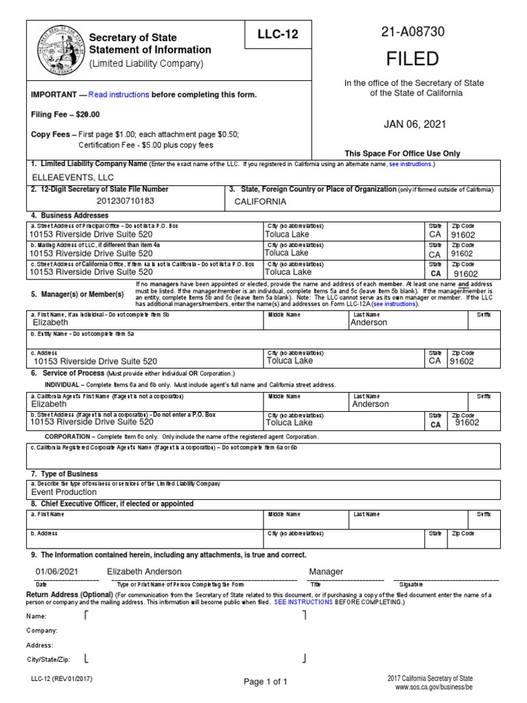 SOS Filing 2021 PDF | Download Free PDF | Limited Liability Company ...