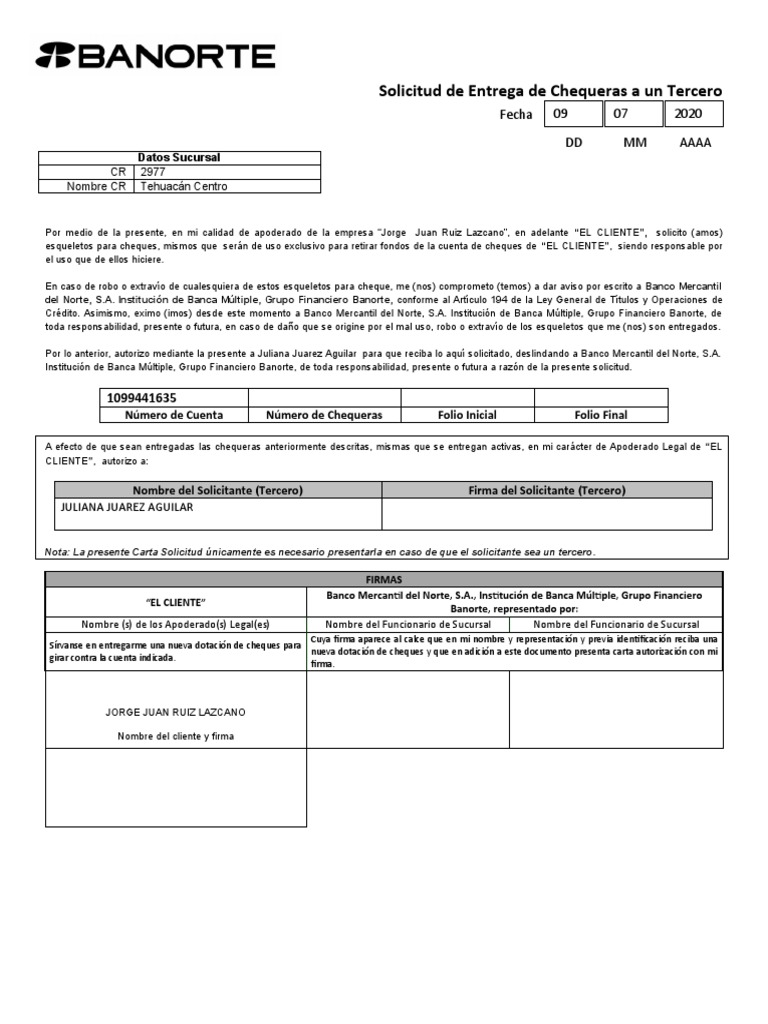 Solicitud de entrega de chequeras a un tercero autorizado | PDF ...
