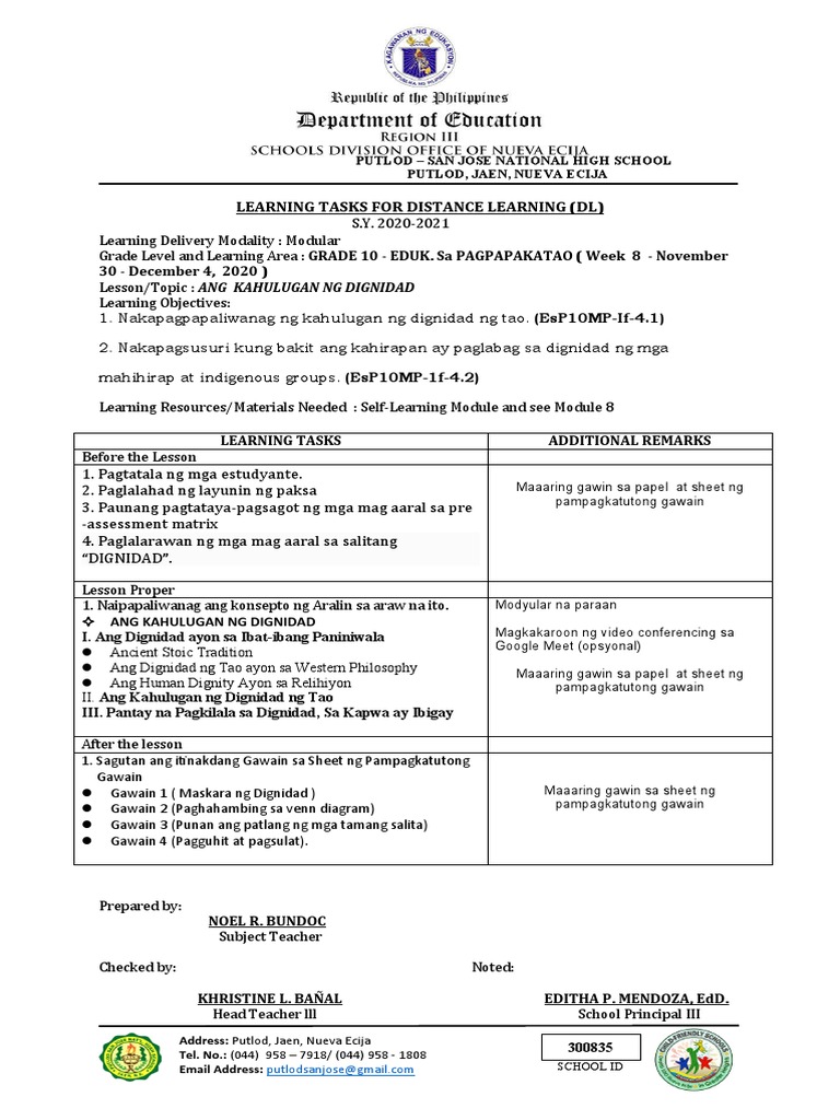 ESP 10 Learning Task Week 8 | PDF