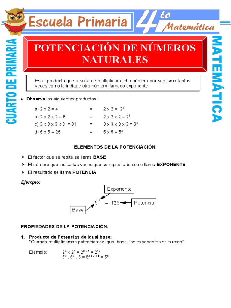 Potenciacion de Numeros Naturales para Cuarto de Primaria | PDF | Exponenciación | Multiplicación
