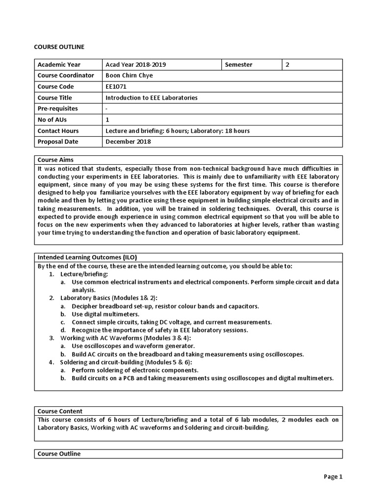 EE1071 Introduction To EEE Laboratories - OBTL | PDF | Experiment ...