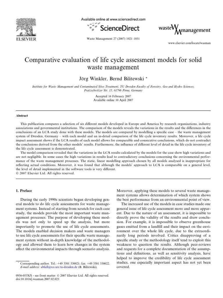 Comparative Evaluation of Life Cycle Assessment Models For Solid | PDF ...