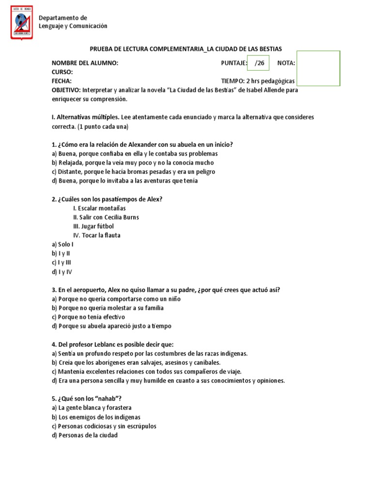 Prueba Lectura Complementaria - 2° Medio | PDF