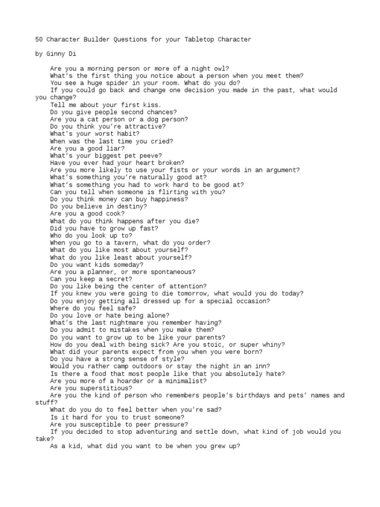 50 Questions for D&D Character Building | PDF | Self-Improvement