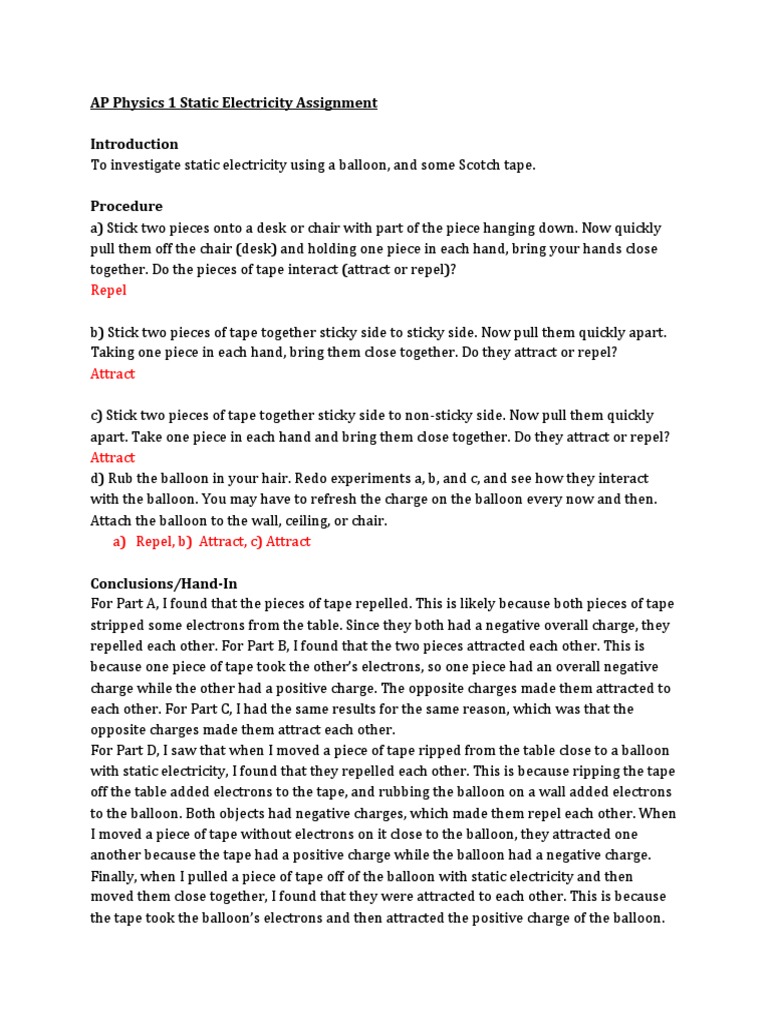 AP Physics 1 Static Electricity Assignment | PDF