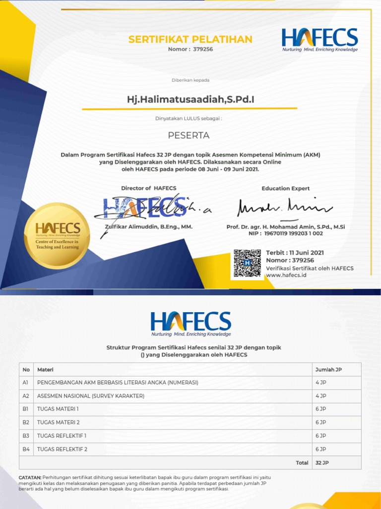 File Sertifikat Program 32 JP - HJ - Halimatusaadiah, S.Pd.I - No. 379256 | PDF