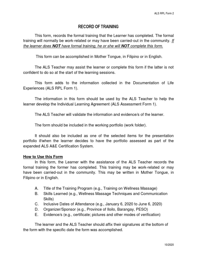 Als RPL Form 2 - Record of Training | PDF | Education Theory | Applied ...