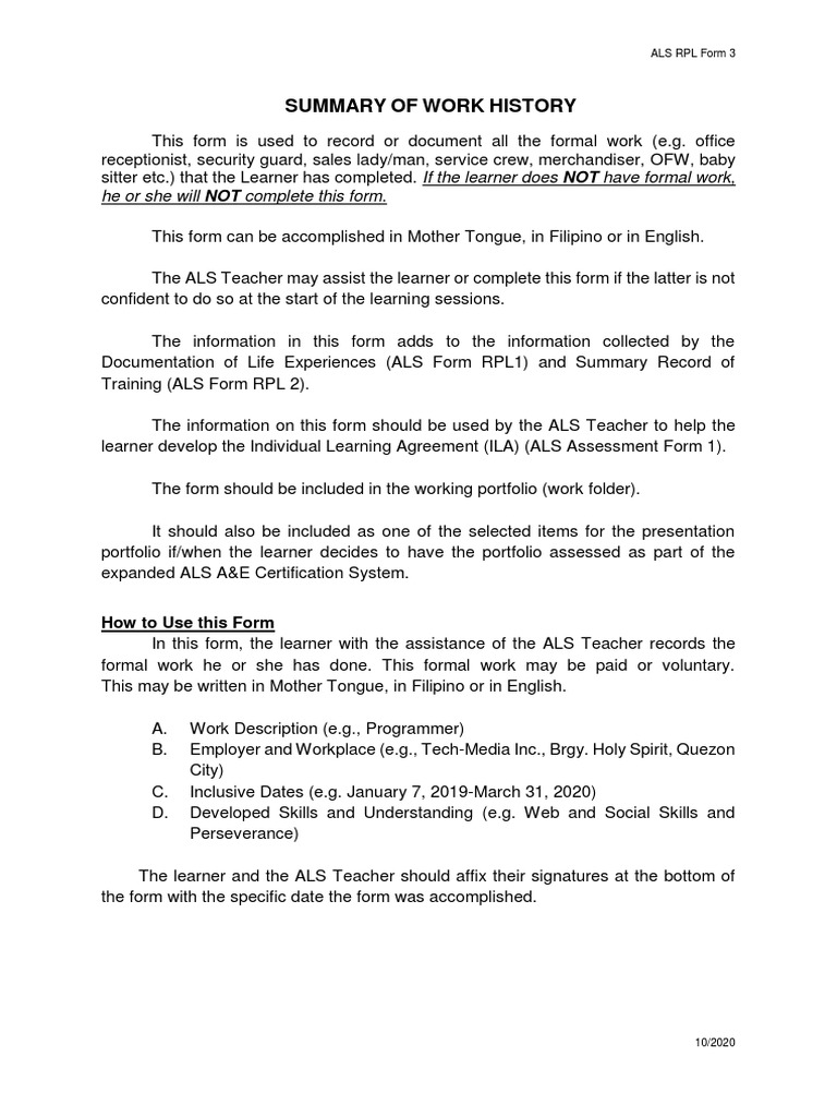 OF Work History: He or She Will NOT Complete This Form | PDF | Teaching ...