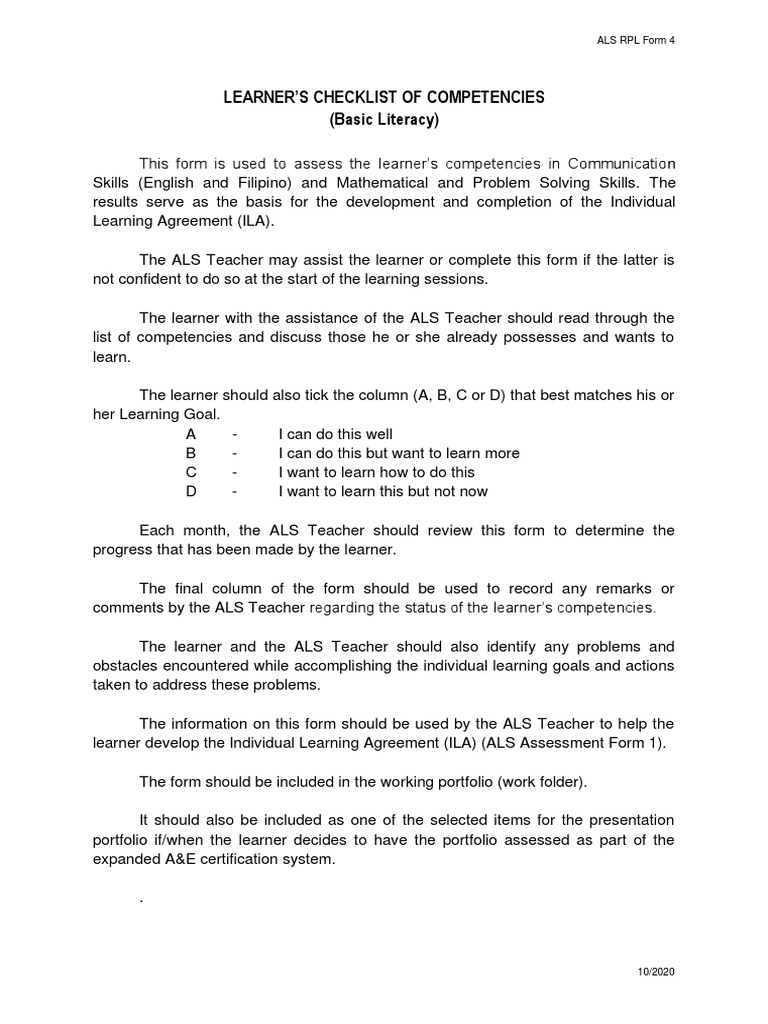 ALS RPL Form 4 Competency Checklist | PDF | Word | Weight