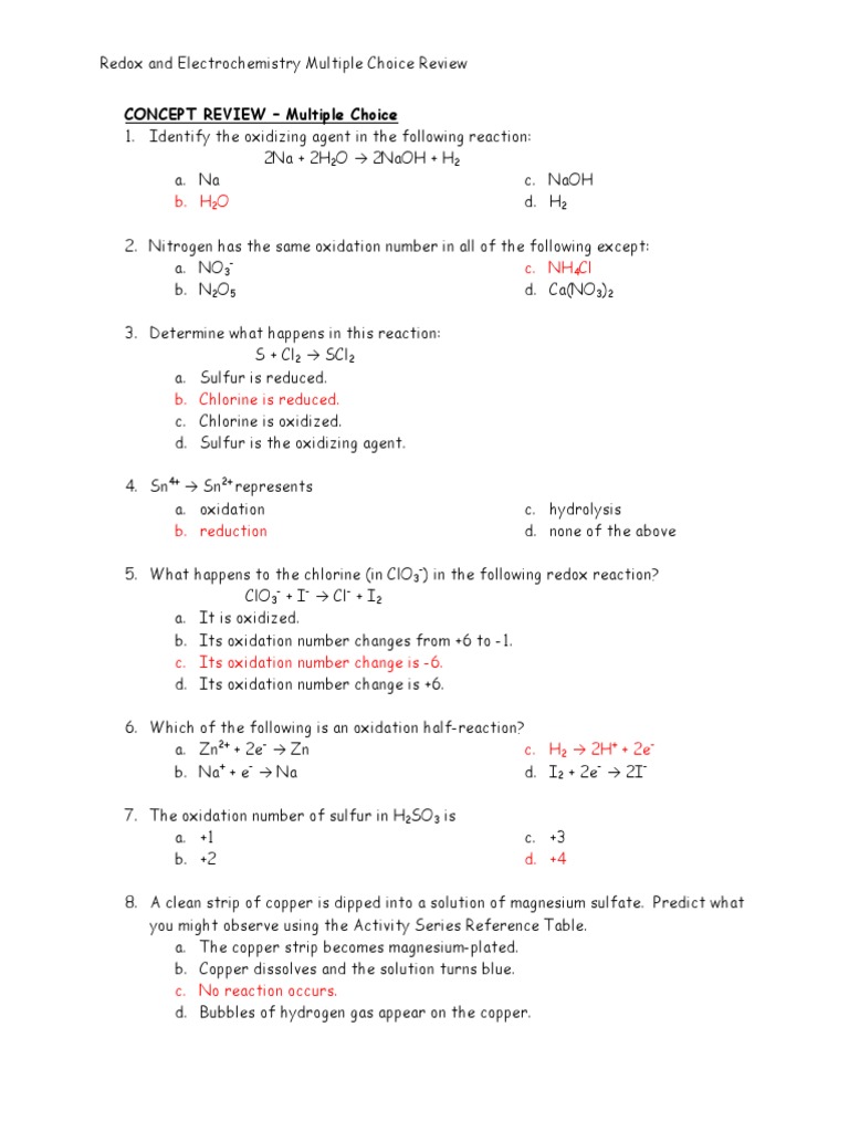Redox and Electrochemistry MCQs Review | PDF | Redox | Electrochemistry
