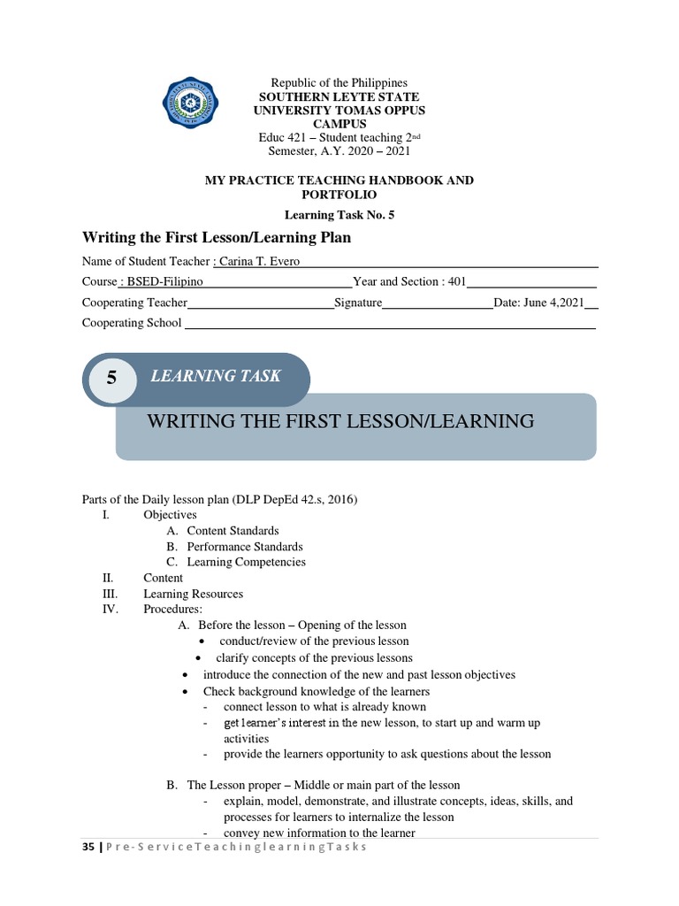 Learning Task 5 Evero Carinapass | PDF | Lesson Plan | Teachers
