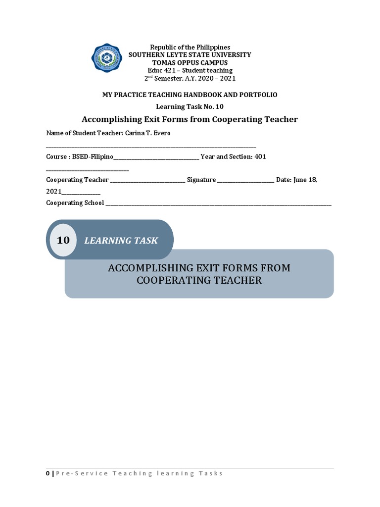 Accomplishing Exit Forms From Cooperating Teacher | PDF | Teachers ...