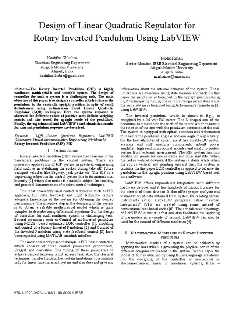 Design of Linear Quadratic Regulator For Rotary Inverted Pendulum Using Labview | PDF | Control ...