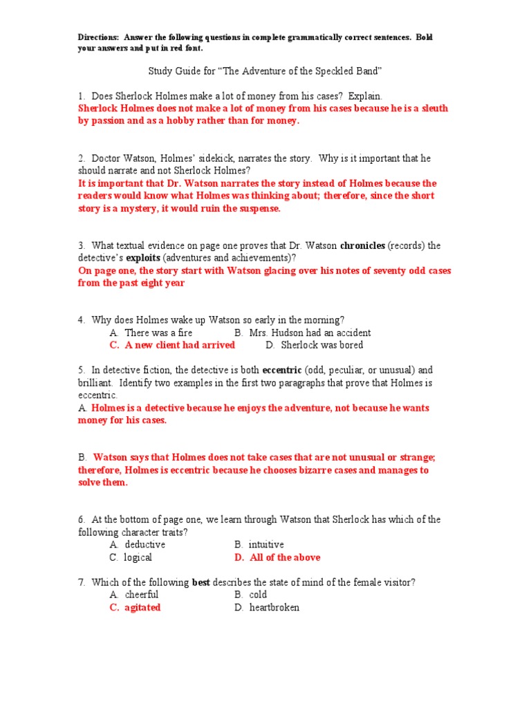 Speckled Study Guide - Reading Check One | PDF | Dr. Watson | The ...