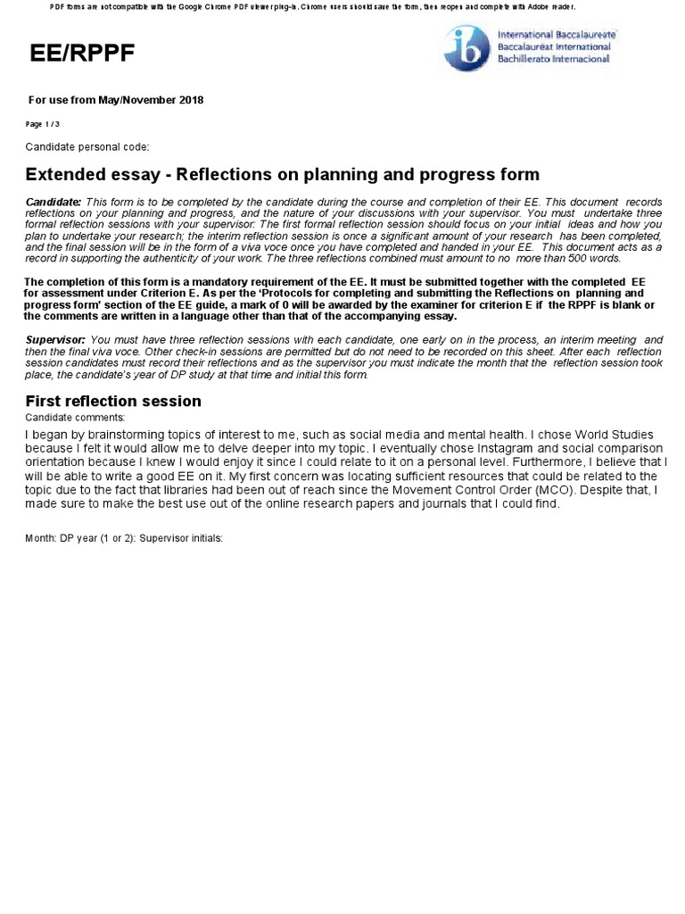 Ee/Rppf: Extended Essay - Reflections On Planning and Progress Form ...