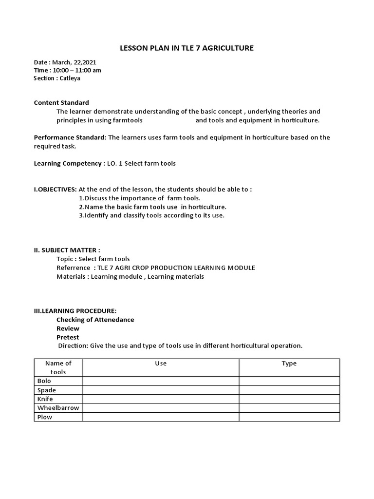 Lesson Plan in Tle 7 Agriculture | PDF | Lesson Plan | Farms