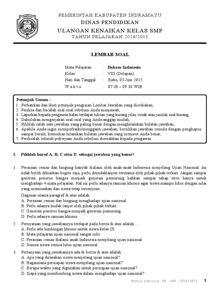 Soal+Kunci Kelas 8 BINDO | PDF