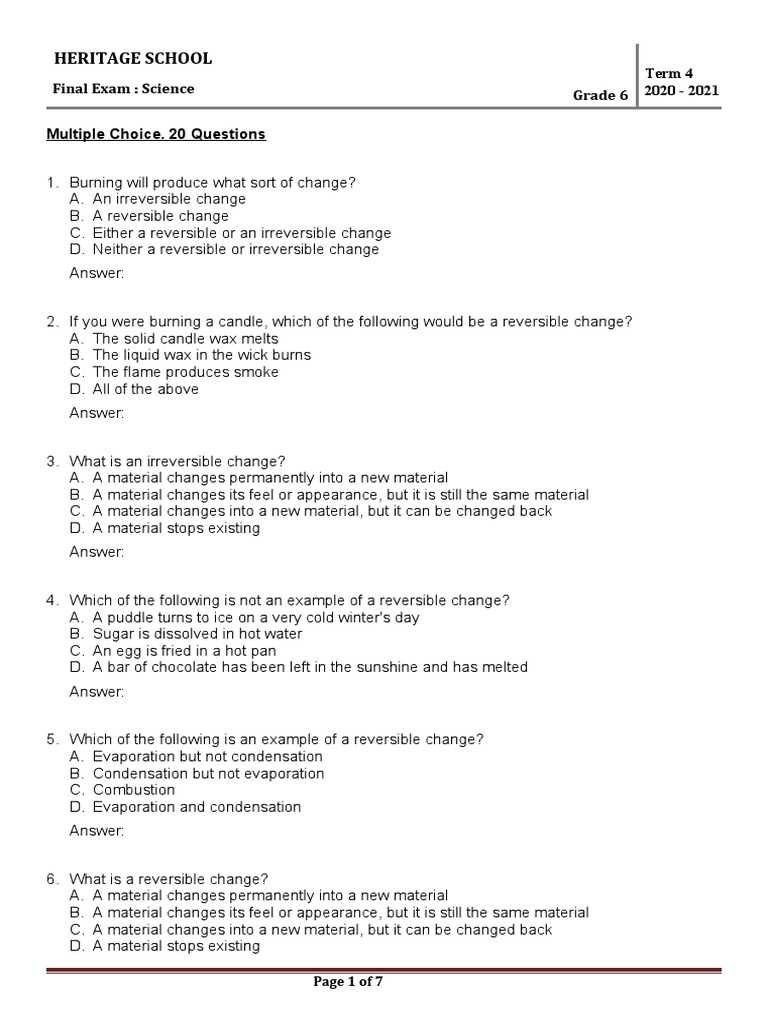 Heritage School: Grade 6 Final Exam: Science Term 4 2020 - 2021 ...