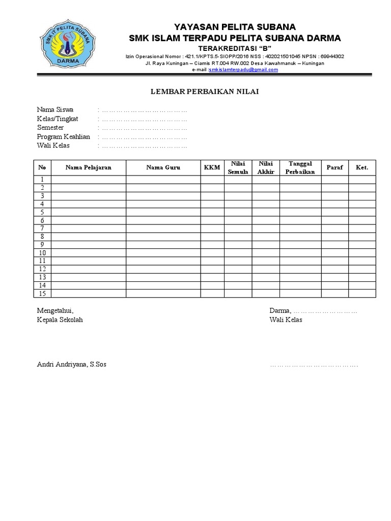Lembar Perbaikan Nilai | PDF