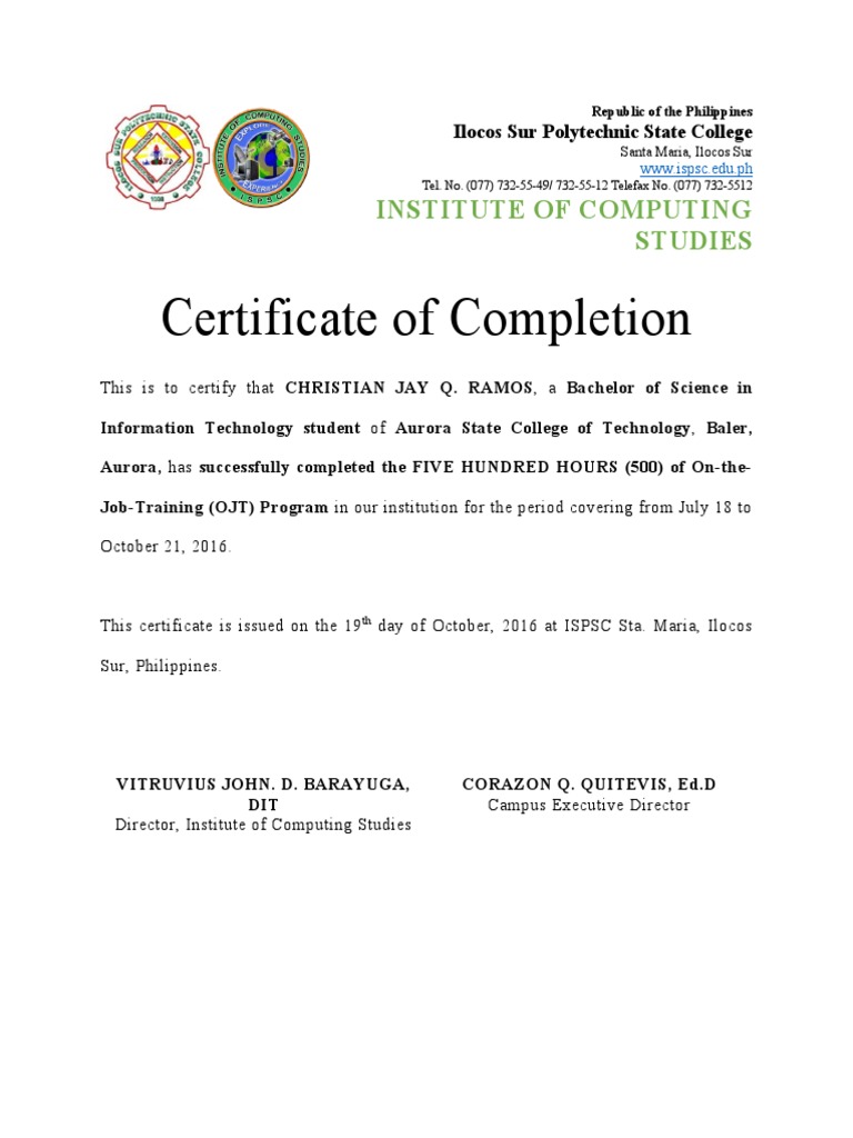 Christian Jay Ramos Ojt Certificate | PDF